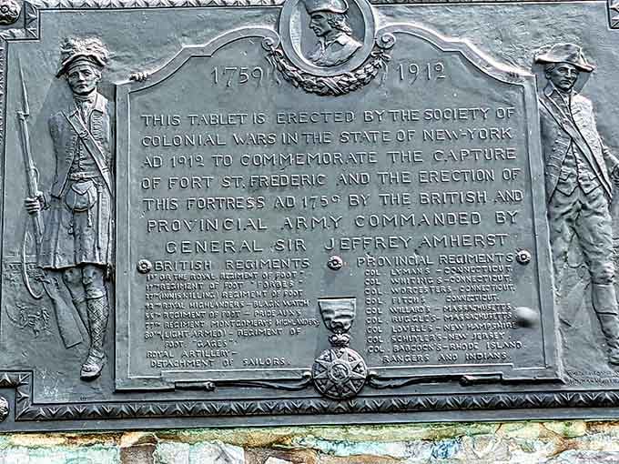 A bronze tablet honoring the capture of Fort St. Frédéric, because some stories deserve to be cast in metal forever.