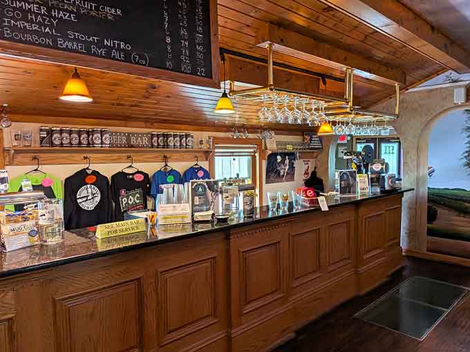 The warm wood bar at Debonné, where craft beer and good conversation share equal billing.