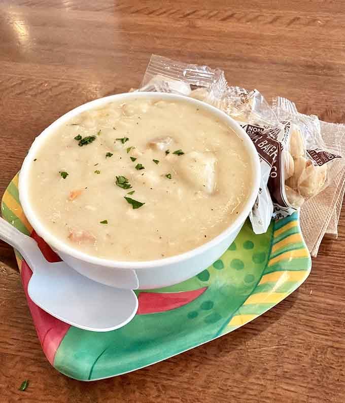 Creamy clam chowder dotted with tender chunks, the kind of comfort bowl that warms you from the inside out.