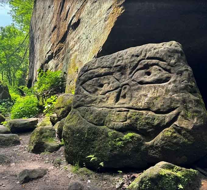 That carved rock face along the trail watches every hiker pass by with the quiet authority of a seasoned park ranger.
