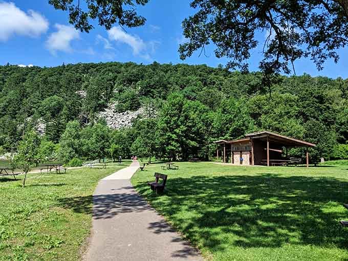 Shaded paths, manicured grounds, and ancient bluffs looming overhead. This park knows exactly how to make a first impression.
