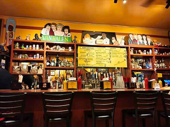 The bar at Dirty Frank's, where Van Halen watches over your beer choices with full approval.