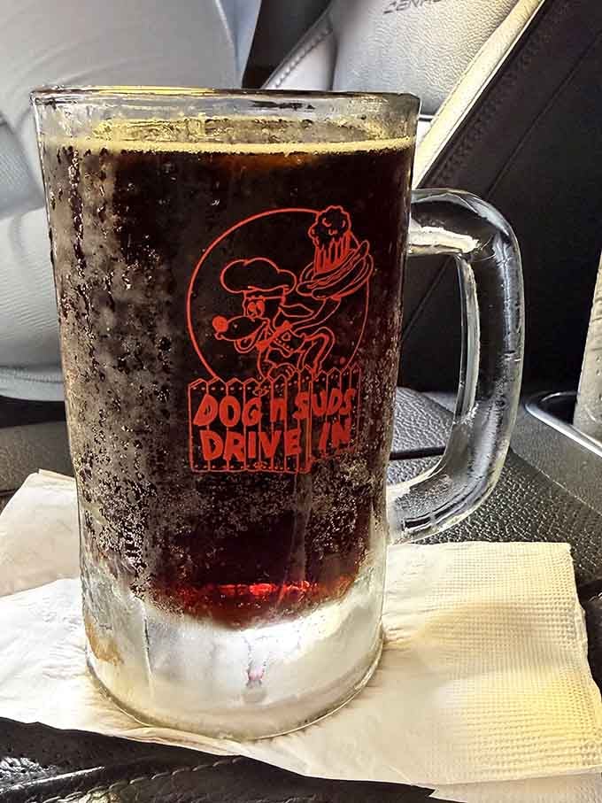 A frosty glass mug of Dog n Suds root beer, cold, creamy, and worth every single sip.