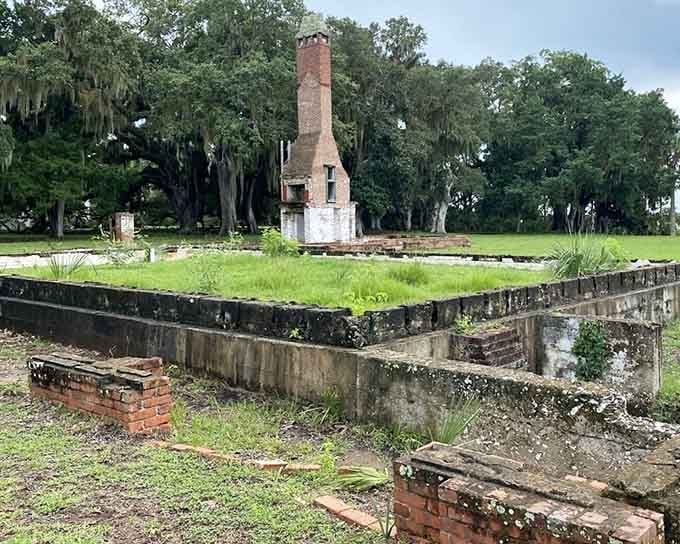 A lone brick chimney rises from the overgrown foundation like it simply refused to give up.