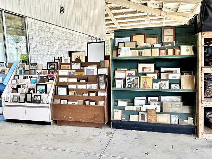 Dozens of framed prints and photos displayed on tiered outdoor shelves, wall decor shopping has never felt this much like a treasure hunt.