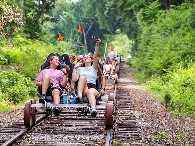 A line of rail bikes stretching into the green Connecticut countryside is basically a happiness parade on tracks.