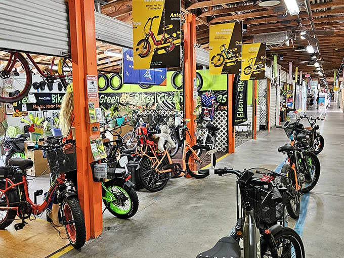 Electric bikes lined up and ready to roll. Flamingo Island is officially more than just a shopping trip.