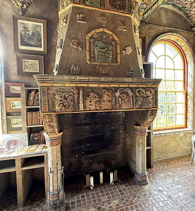 That fireplace isn't just functional, it's a full-blown sculptural statement carved in tile and ambition.