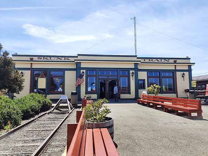 The Skunk Train depot is cheerful, unhurried, and ready to take you somewhere the car can't go.