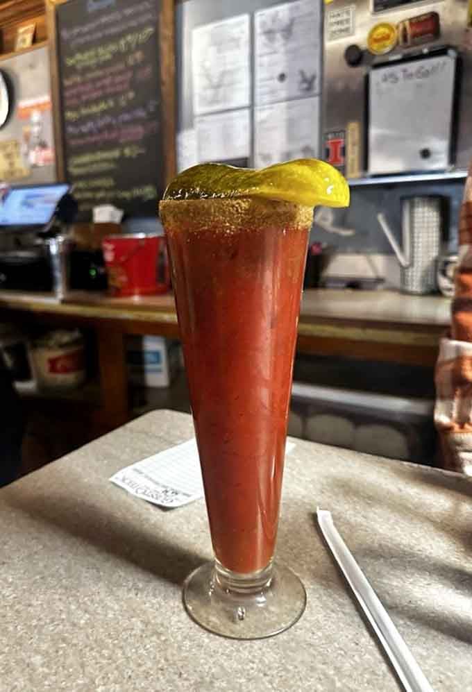 That Bloody Mary comes with a pickle spear and enough kick to wake up your taste buds properly.