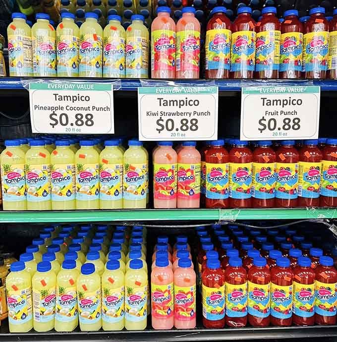 Tampico in three flavors lined up like a colorful chorus, refreshment has never looked this cheerful or this affordable.