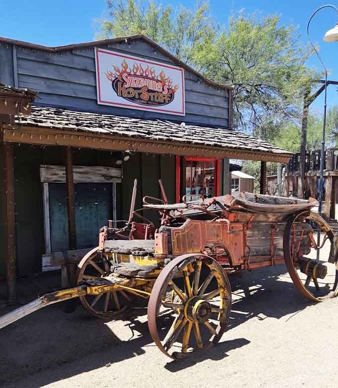 Suzanne's Hot Stuff sits behind a gloriously weathered wagon, daring you to walk past without stopping in.