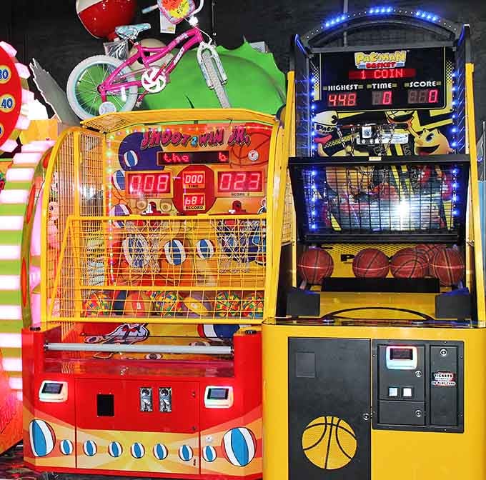 Pac-Man basketball and classic shootout games, because the arcade here means serious, ticket-earning business.