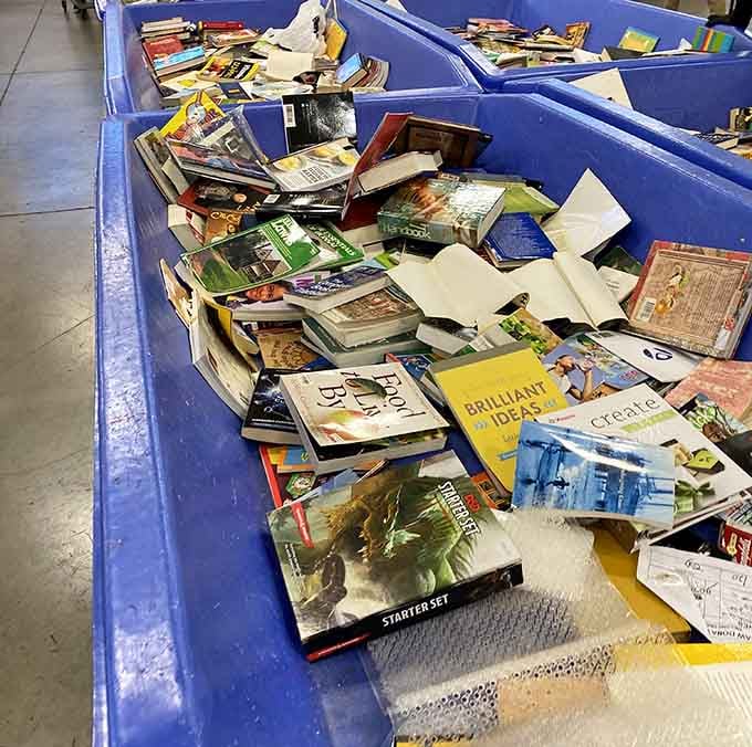 Cookbooks, novels, and starter sets tumbling together in one glorious bin of literary chaos worth digging through.