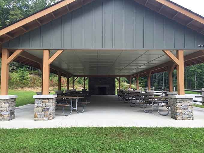 A covered picnic shelter with a stone fireplace, because even your lunch break deserves a little mountain elegance.