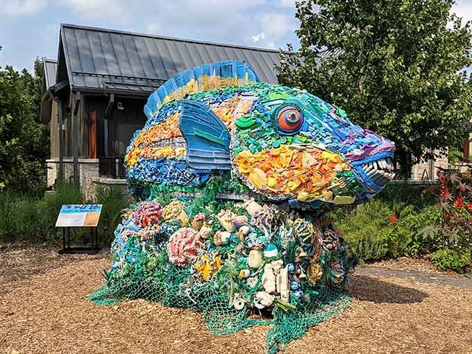 Built entirely from recovered ocean plastic, this colorful fish sculpture is art with a conscience and serious personality.
