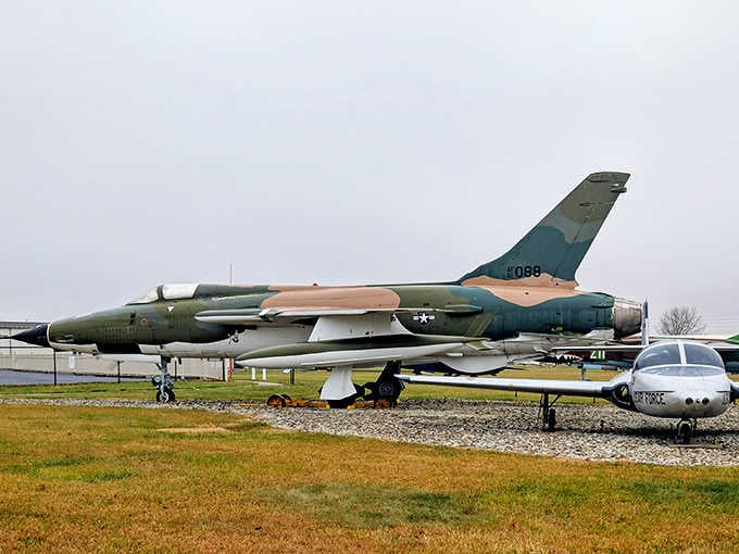 This camouflaged beauty once screamed through combat zones, now resting peacefully on Hoosier soil for admirers.