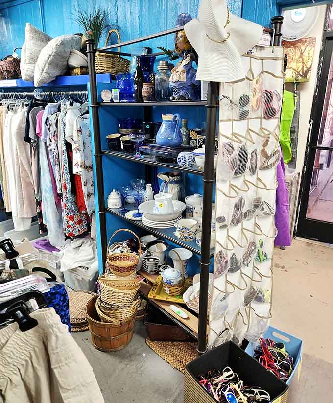 Wicker baskets, ceramic dishes, and decorative pieces share shelf space in a charmingly eclectic arrangement worth exploring slowly.