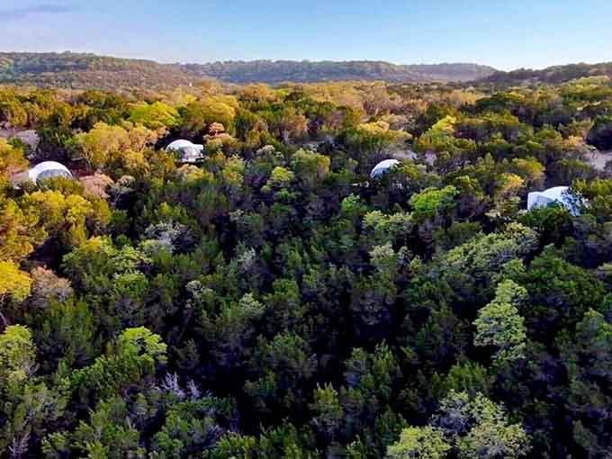 From up here, the domes peek through the canopy like little secrets the Hill Country is barely trying to keep.
