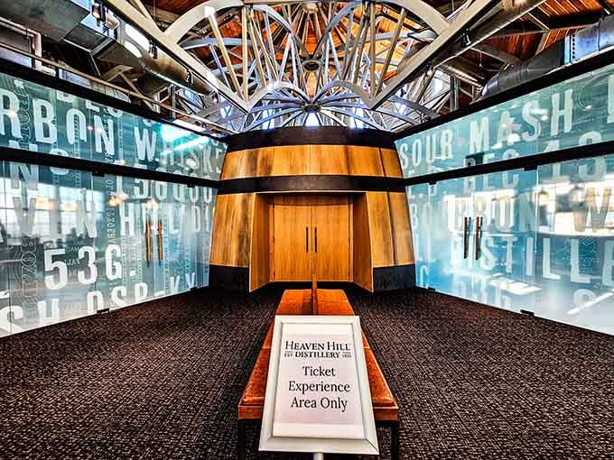 The ticket experience entrance sets the mood immediately. Bourbon words wrap the walls like a love letter to Kentucky.