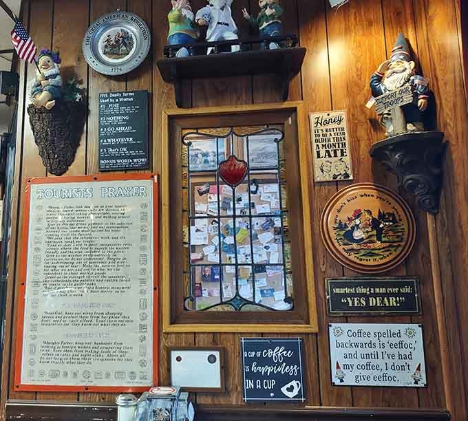 Handmade signs, gnome figurines, and a Tourist's Prayer, this wall tells more stories than most museums do.