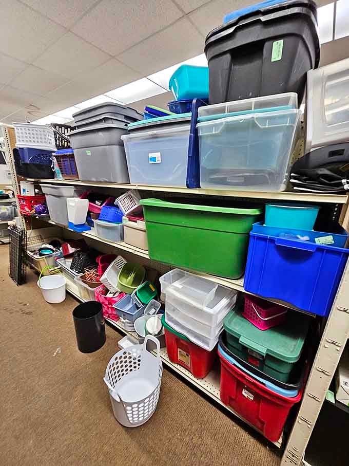 A rainbow of storage bins and laundry baskets stacked floor to ceiling, proof that organization itself can be a treasure worth finding.