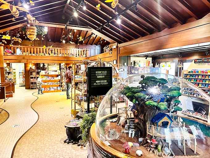The gift shop interior is warm, woody, and dangerously browsable. Budget extra time in here.