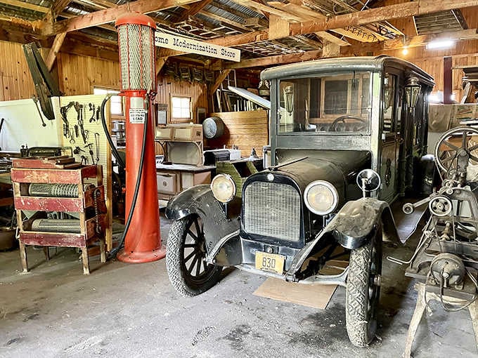 That Dodge Brothers motor car parked inside is basically the original road trip vehicle, and it still looks cool.