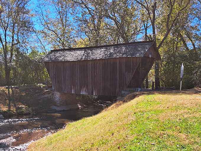 Bright blue sky, golden grass, cold creek water. The Stovall Mill Bridge looks good in every season without even trying.