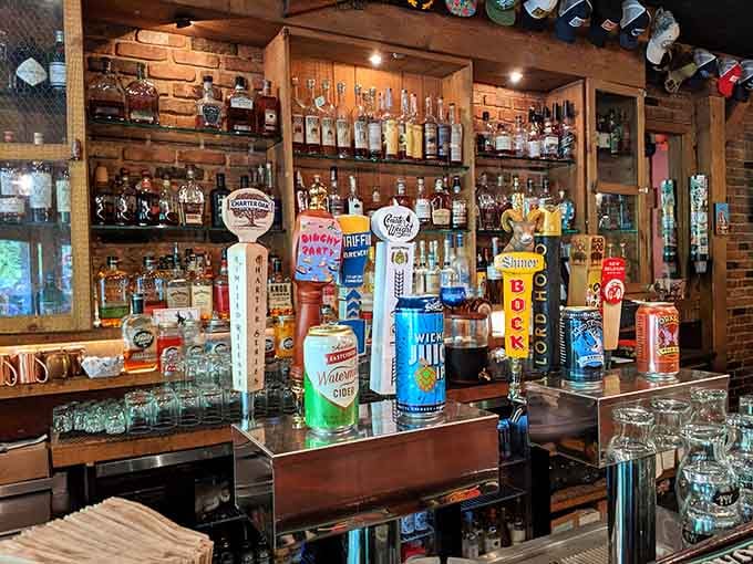 A bar stocked with serious whiskey selections and local draft taps. The drinks here are no afterthought.