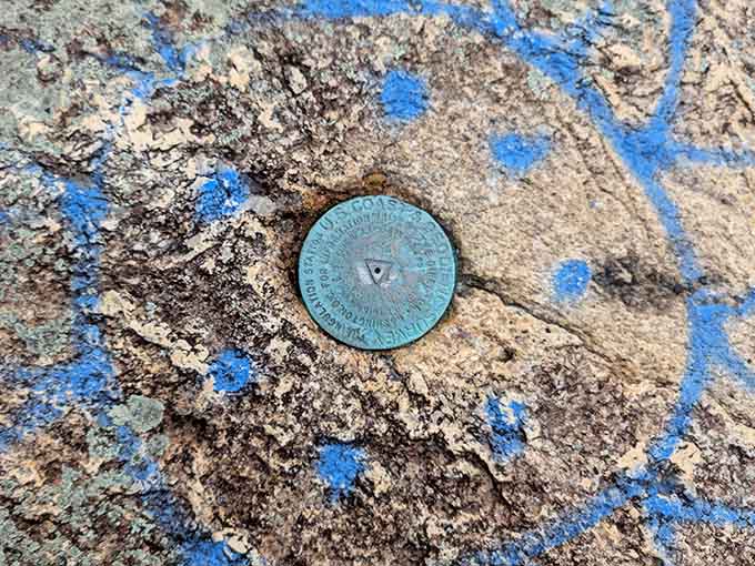 A U.S. Coast and Geodetic Survey benchmark marker embedded in the summit rock. History hiding in plain sight.