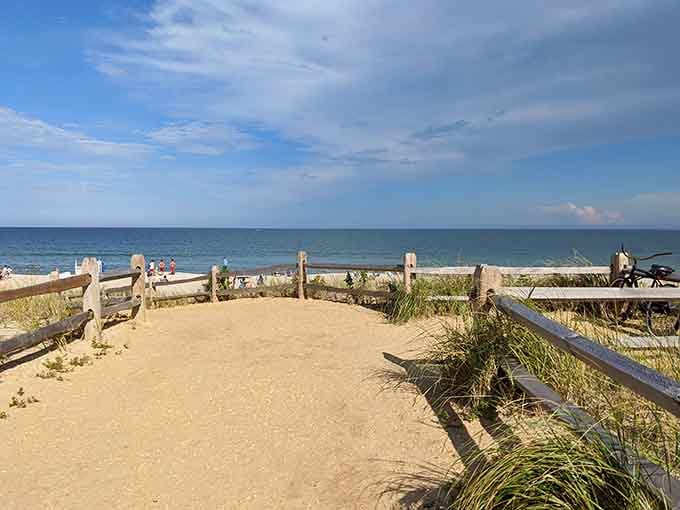 Beach access points with rustic fencing maintain that natural vibe, no neon signs or carnival rides required here.