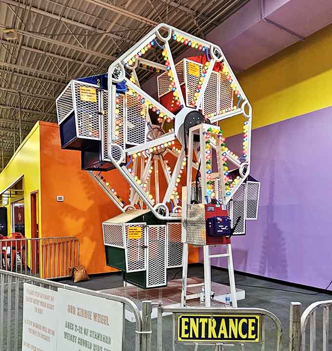 The Kiddie Wheel sparkles with string lights, delivering that classic county fair feeling without the muddy shoes.