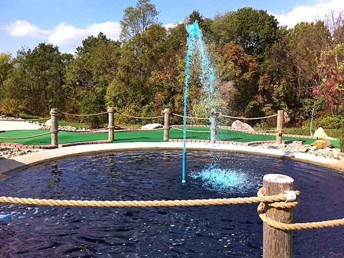 That fountain in the middle of the mini golf course is either a water feature or a very dramatic distraction.