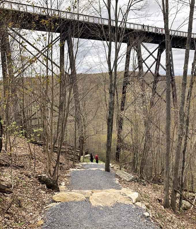 The trail winds down through the trees, promising close encounters with the fallen towers and some serious leg workout action.