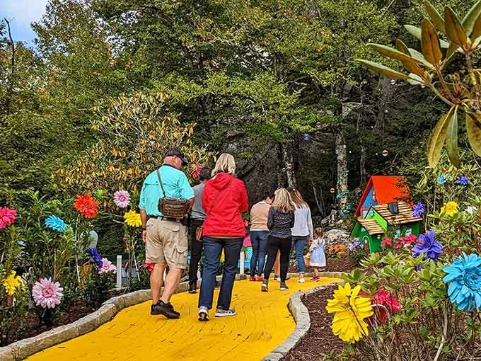 Families following the yellow brick road together, with giant flowers lining the path. This is what a good weekend looks like.