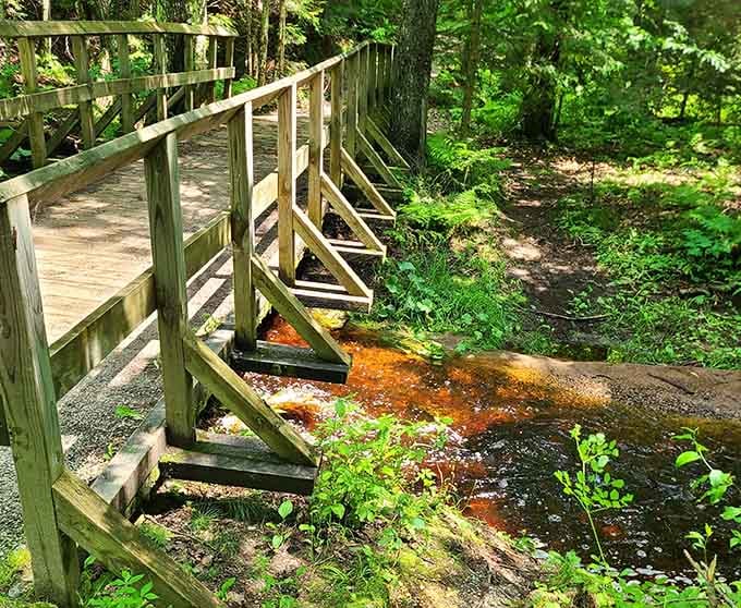 A simple wooden bridge over amber-tinted water, because sometimes the path to magic is beautifully straightforward.