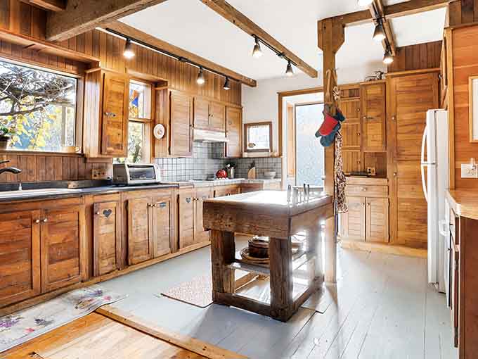 Exposed beams, handcrafted cabinets, and a butcher block island that means serious business. This kitchen has stories.