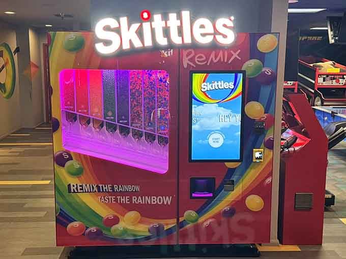 Even the Skittles vending machine adds a splash of rainbow color to this entertainment wonderland.