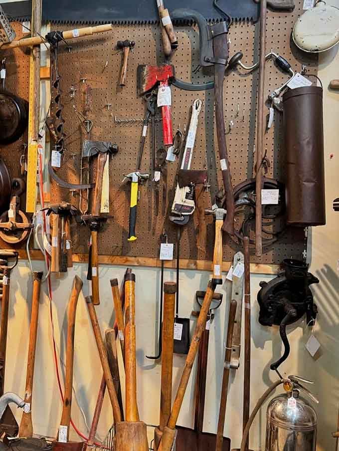 A wall of vintage tools that would make your grandfather stop, point, and say, "Now that's a proper collection."