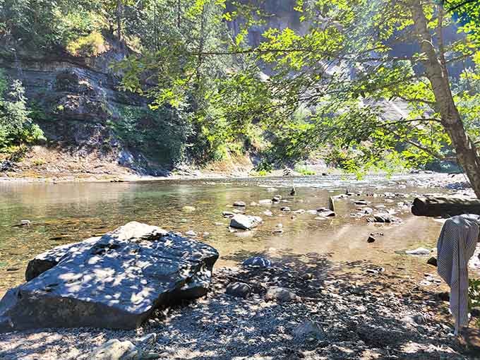 The river's crystal-clear shallows invite contemplation, or at least a moment to rest before heading back to civilization.