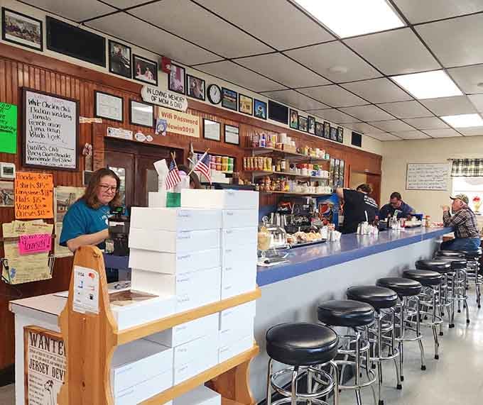 That long counter with spinning stools offers front-row seats to the best breakfast show in town.