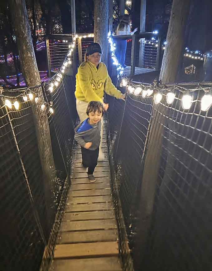 String lights turn the canopy walk into something magical at night, like a fairy tale with better safety rails.