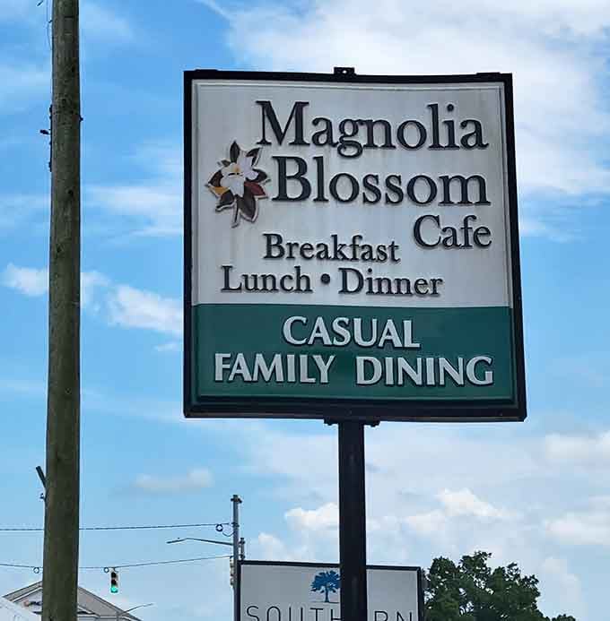 The sign promises casual family dining, which is code for "come hungry, leave happy and possibly needing a nap."