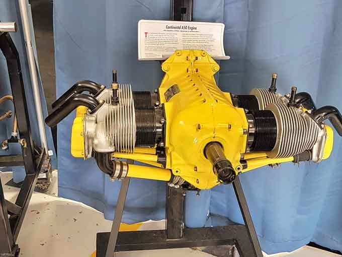 The Continental A50 engine, painted bright yellow and fully exposed, is basically a mechanical sculpture worth stopping for.