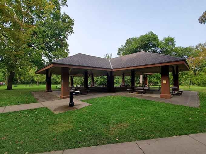 This covered pavilion proves picnicking can be civilized, even when surrounded by wilderness and wandering wildlife nearby.