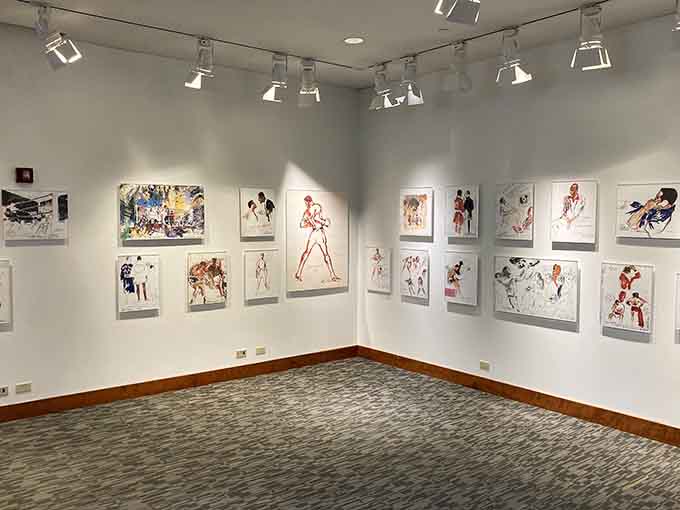 Gallery spaces showcase rotating art exhibits that explore Ali's cultural impact through creative, thought-provoking perspectives and interpretations.