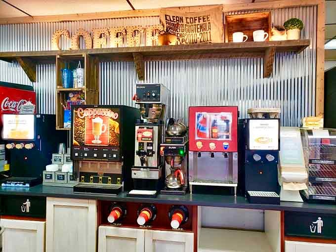 The coffee station with its vintage "Clean Coffee" bag and multiple dispensers means your caffeine needs are thoroughly covered here.