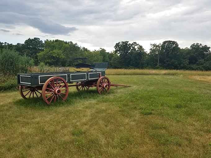 A beautifully preserved wagon sitting in an open field, quietly daring you to imagine the journeys it once made.