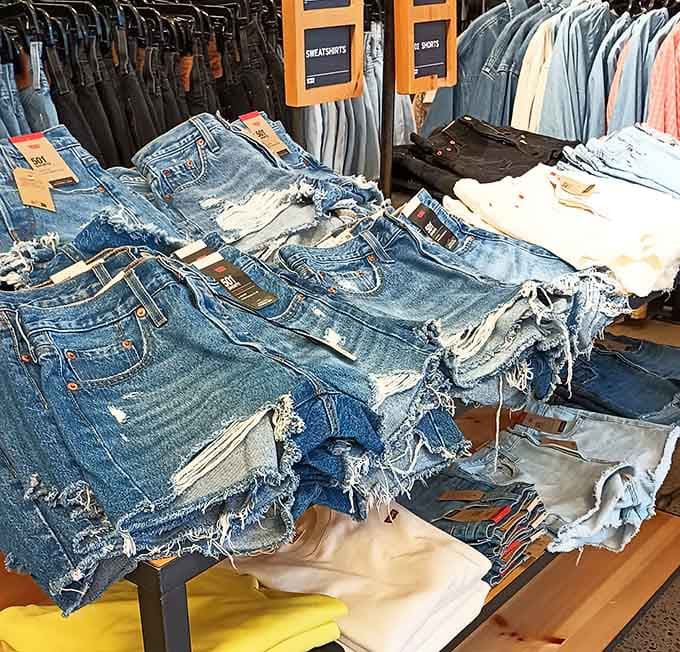 Levi's denim shorts stacked high and priced right. Classic American style that never really goes out of fashion.
